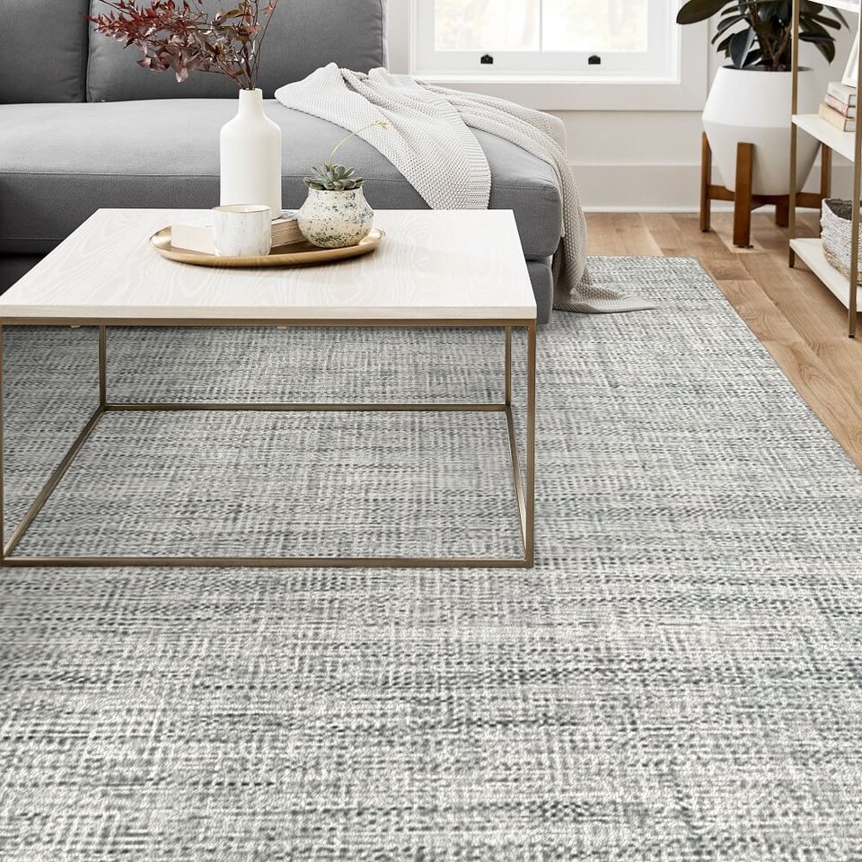 Mid-Century Heathered Basketweave Wool Rug - Steel - West Elm Australia