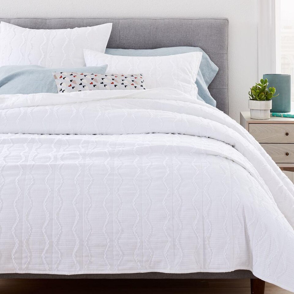 Textured Diamond Stripe Coverlet + Pillowcases - White | west elm Australia